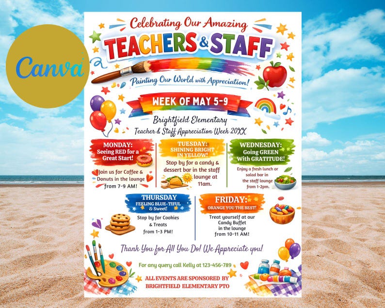Rainbow Teacher Appreciation Week Itinerary Flyer Template Printable ...