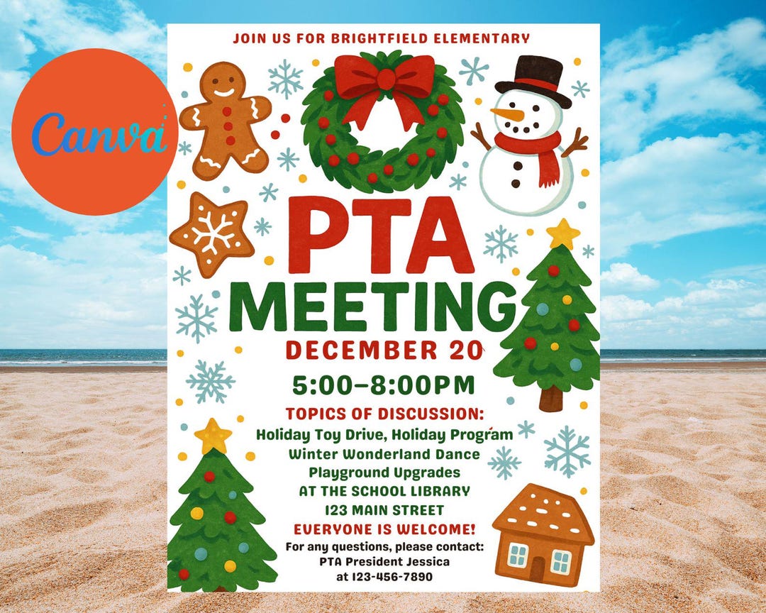 Christmas PTA Meeting Flyer, Editable Holiday School Invitation (canva ...