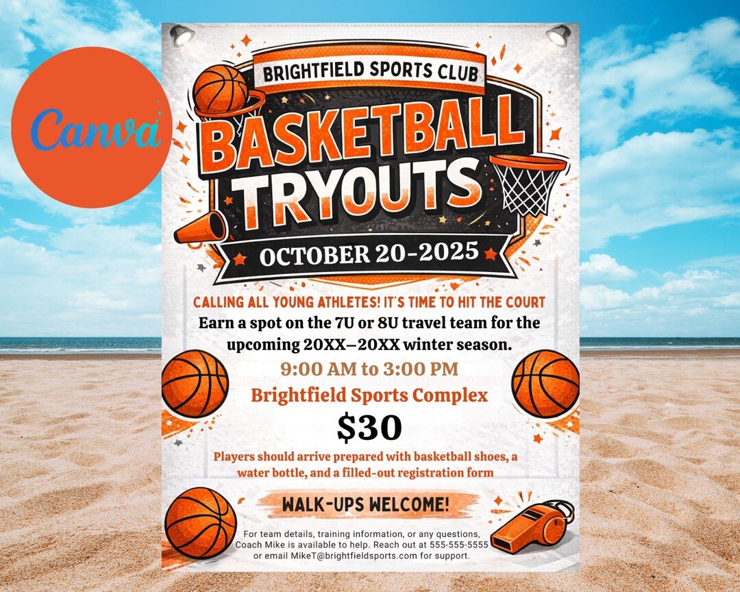 Editable Basketball Tryout Flyer Template, Youth Sports Registration ...