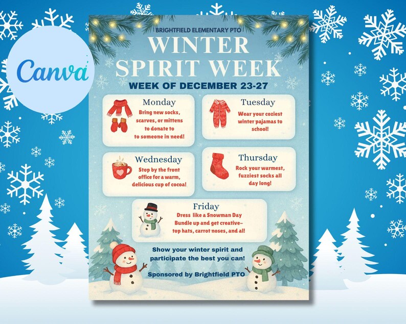 Editable Winter Spirit Week Flyer Canva Template, School Spirit ...