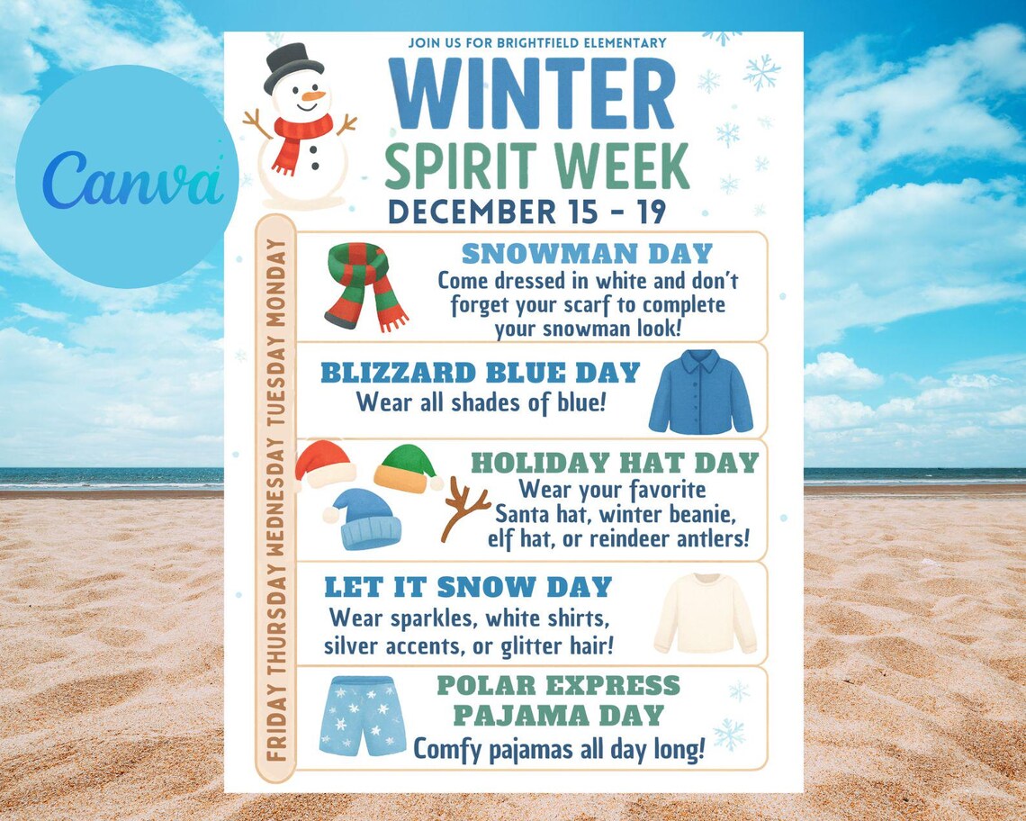 Customizable Winter Spirit Week Flyer, School Holiday Event (digital ...