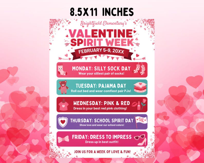 Editable Valentines Day Spirit Week Flyer Canva Template, School Spirit ...