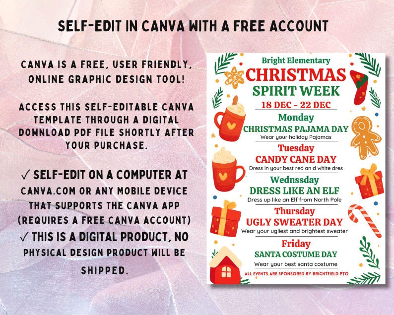 Editable Christmas Spirit Week Itinerary: School Holiday Planner (CANVA ...