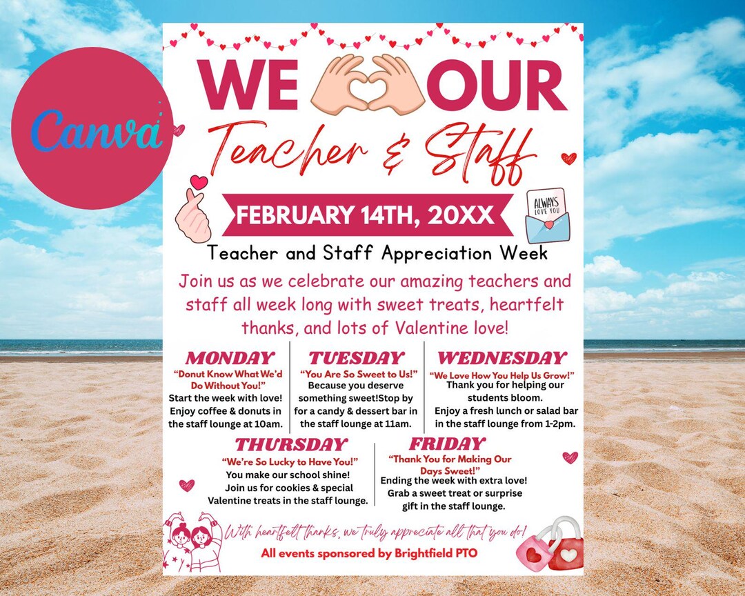 Valentines Teacher & Staff Appreciation Week Schedule Flyer | Editable ...