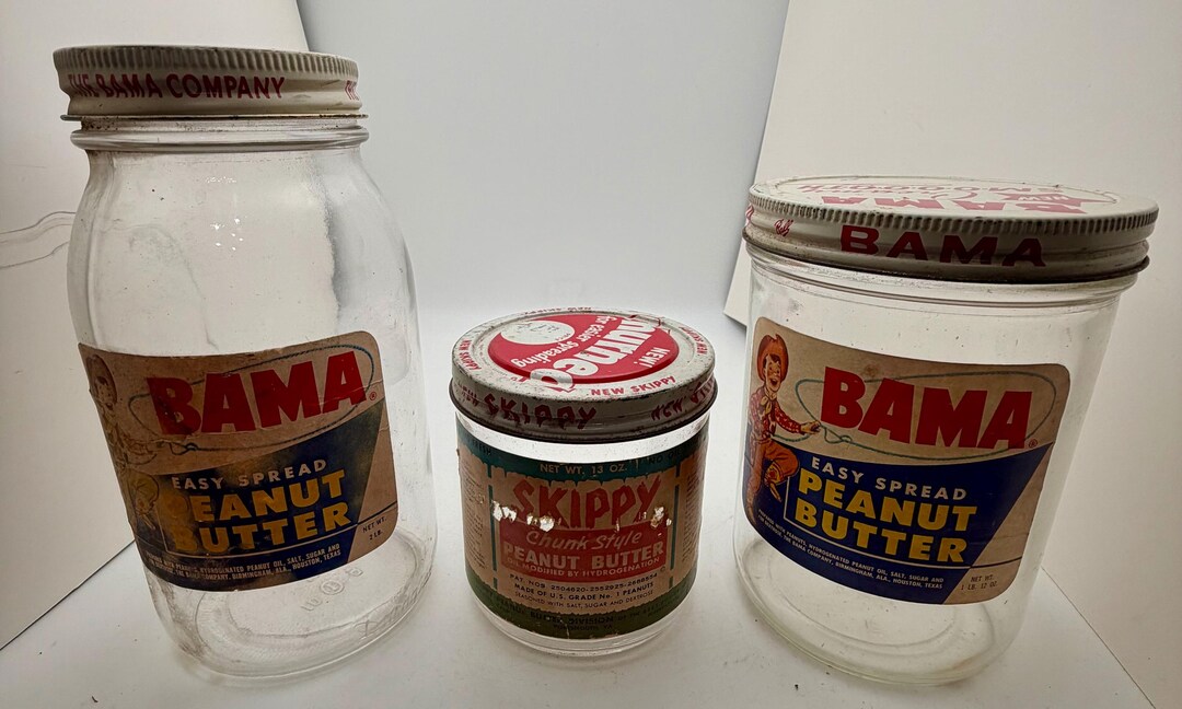 Vintage Peanut Butter Jar Trio — BAMA & Skippy “churned” Jars W ...