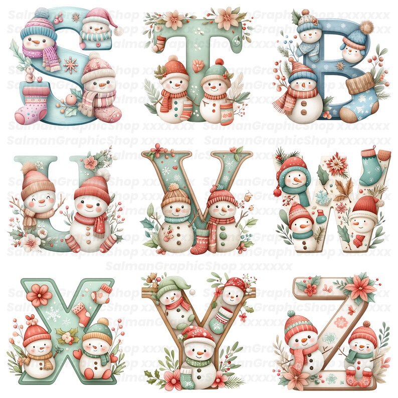Christmas Alphabet Clipart | Snowman Winter Letters PNG (digital ...