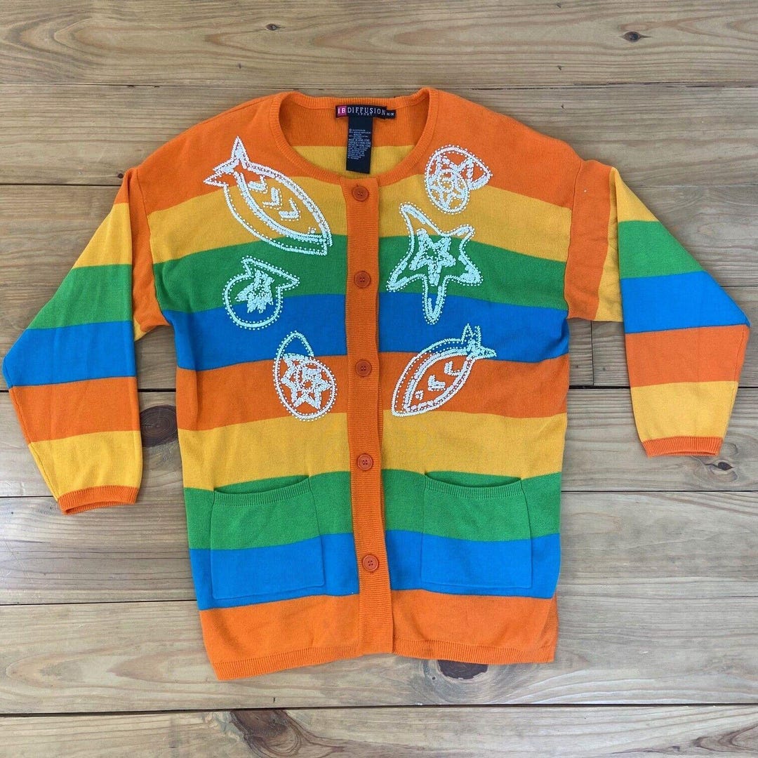 Vintage 80s 90s IB Diffusion Ocean Fish Striped Cardigan Sweater Beaded ...