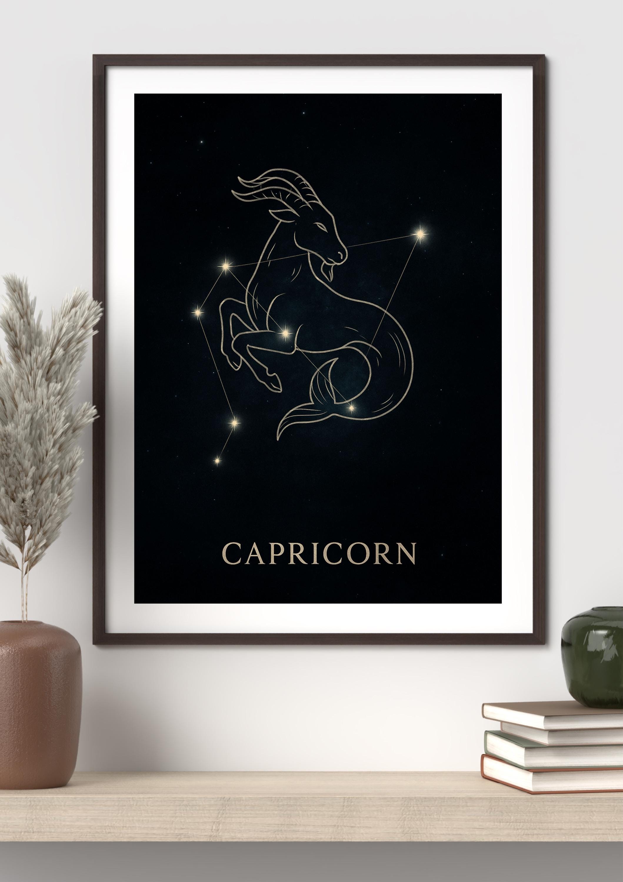 Capricorn Zodiac Constellation Poster, Minimalist Gold Astrology Wall ...