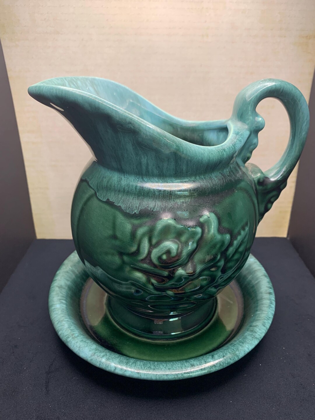 Vintage Hull Pottery Pitcher and Plate- Teal Green Rose Drip Glaze - Etsy