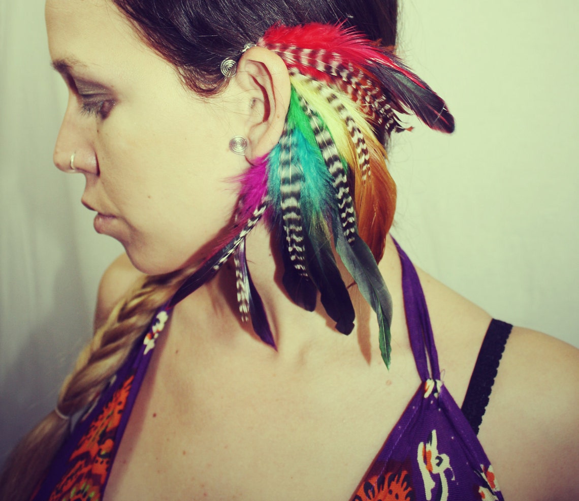 Handmade Rainbow Feather Ear Cuff Earringgrizzly Feathers - Etsy