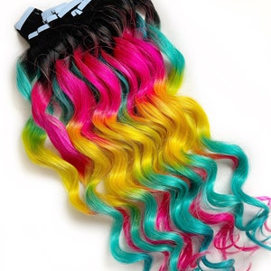 Bright Neon Rainbow Clip in Hair Extensions, Tape in Hair Extensions ...