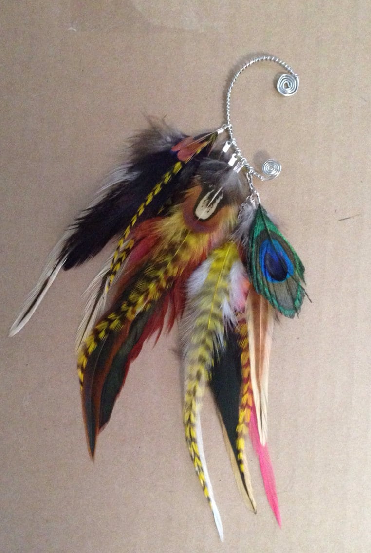 Handmade Ear Cuff, Clip on Earring, Bohemian Ear Feathers, Festival ...