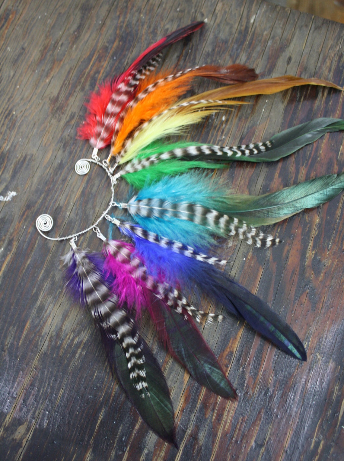 Handmade Rainbow Feather Ear Cuff, Earring,grizzly Feathers, Colorful ...