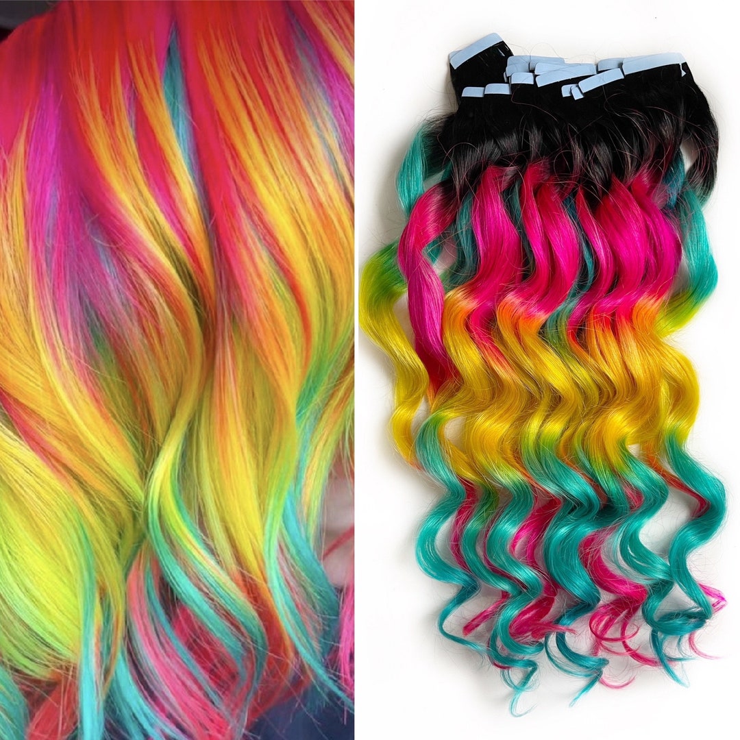 Bright Neon Rainbow Clip in Hair Extensions, Tape in Hair Extensions ...