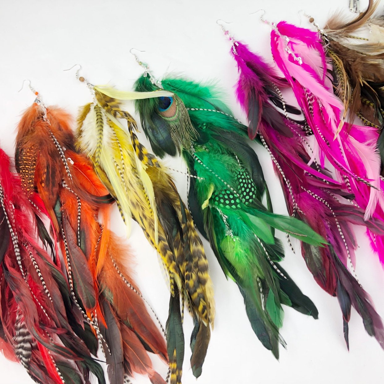 Rainbow Feather Earrings or Hair Clip, Extra Long Single Chain Feather ...