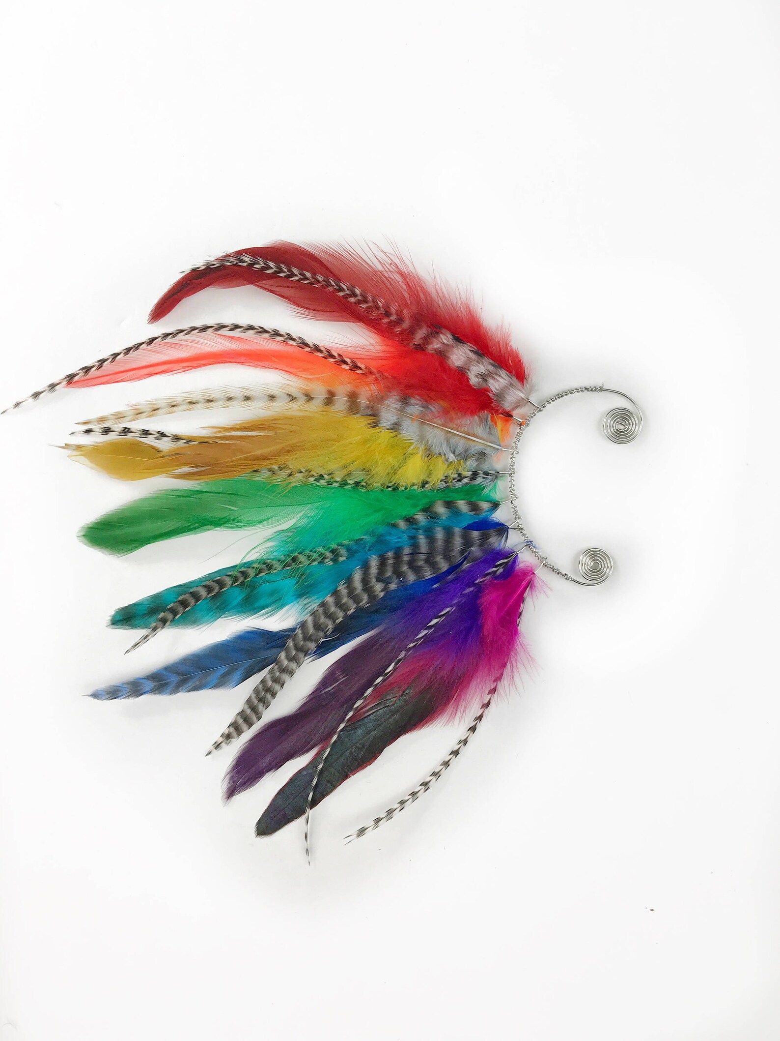Handmade Rainbow Feather Ear Cuff, Earring,grizzly Feathers, Colorful ...