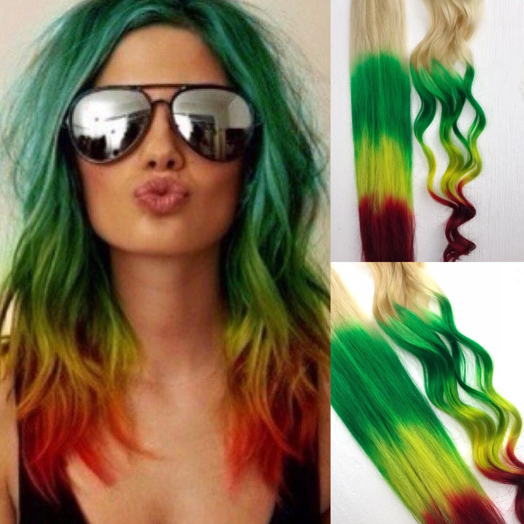 Rasta Clip in Hair Clips, Wide Tracks, Ombre Hair Extensions, Green ...