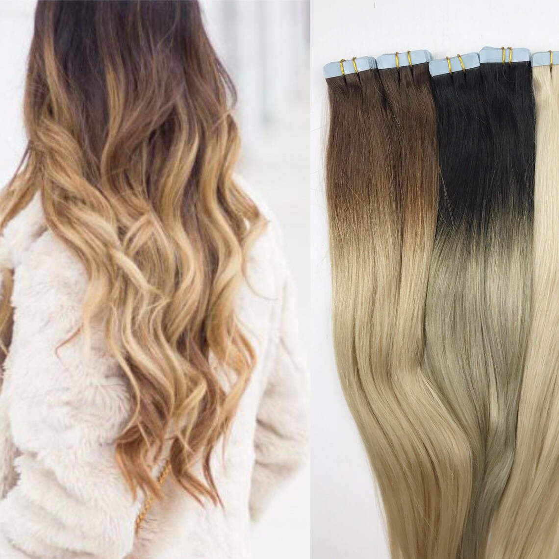 Tape in Human Hair Extensions Natural Ombre Tape Ins Black | Etsy