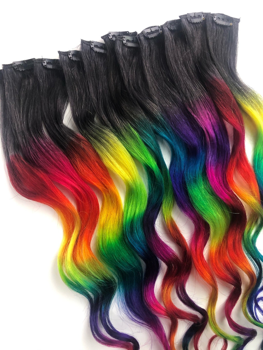 Dark Neon Prism Rainbow Clip in Hair Extensions, Ombre Hair, Tie Dye ...