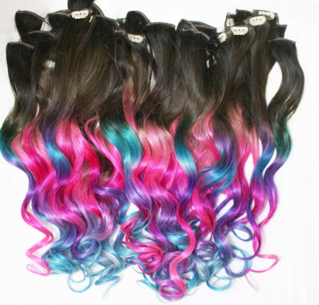 Ombre Dip Dyed Hair, Clip in Hair Extensions, Tie Dye Tips, Brunette ...