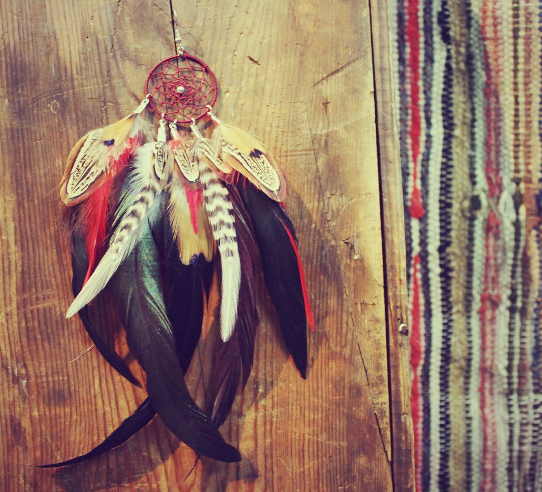The Quiet Wolf Dream Catcher Single Feather Earring, Extra Long, Red ...