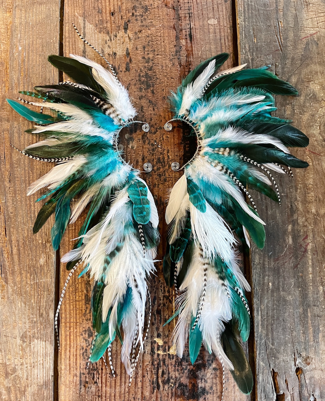 Large White and Turquoise Feather Ear Cuff, Bridesmaid Jewelry, Peacock ...