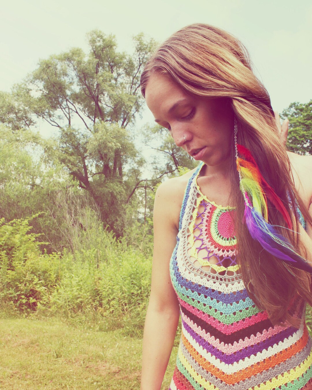 Double Rainbow, Extra Long Single Chain Feather Earring-hair Extension ...