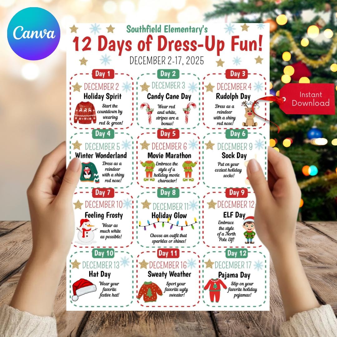 Christmas Dress up Days Flyer | School Spirit Week | Editable Canva ...
