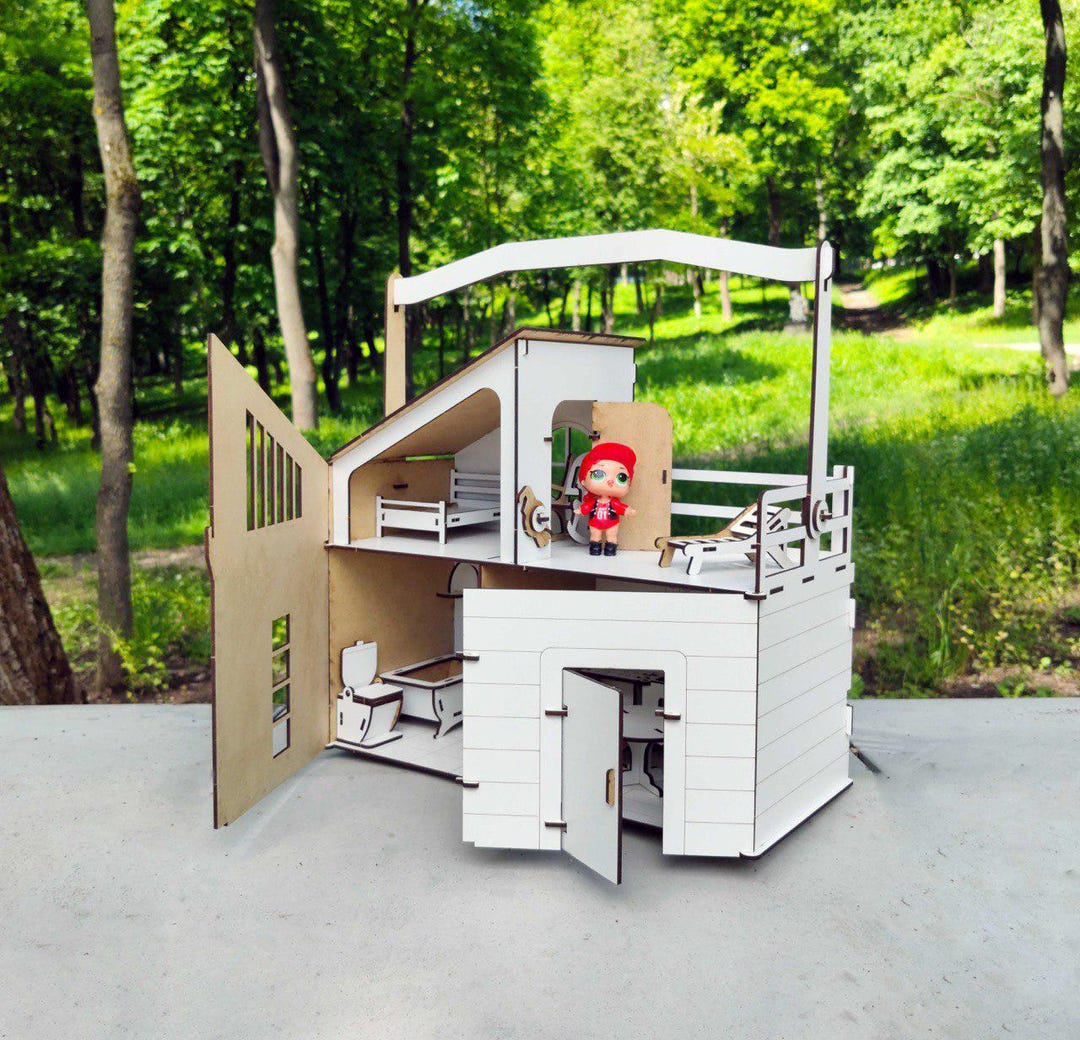 MDF Dollhouse – 3 Rooms, Mini Furniture Set for Small Dolls, DIY ...