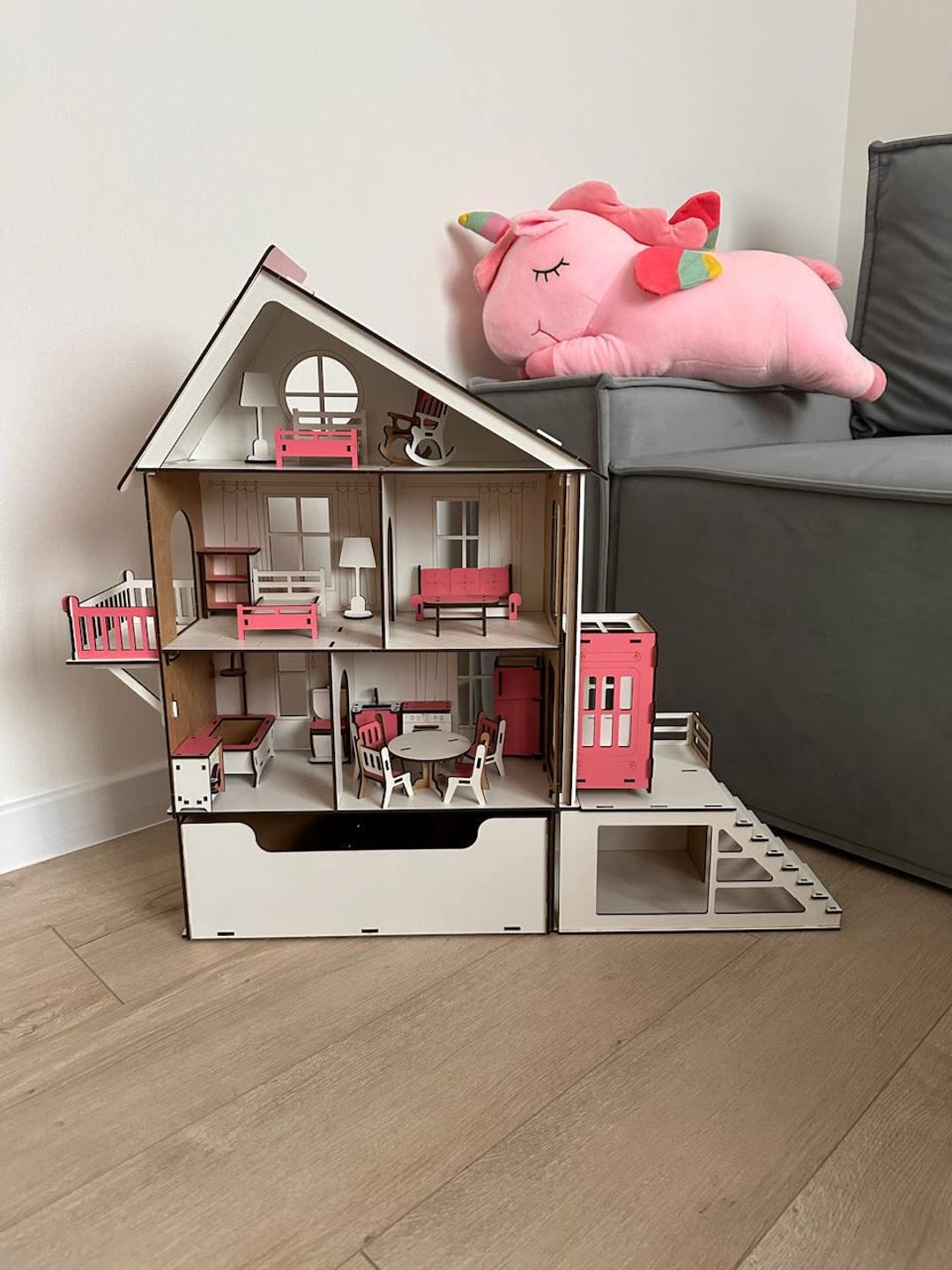 Dollhouse 4 Rooms + Garage With Mini Furniture Set for Small Dolls, MDF ...