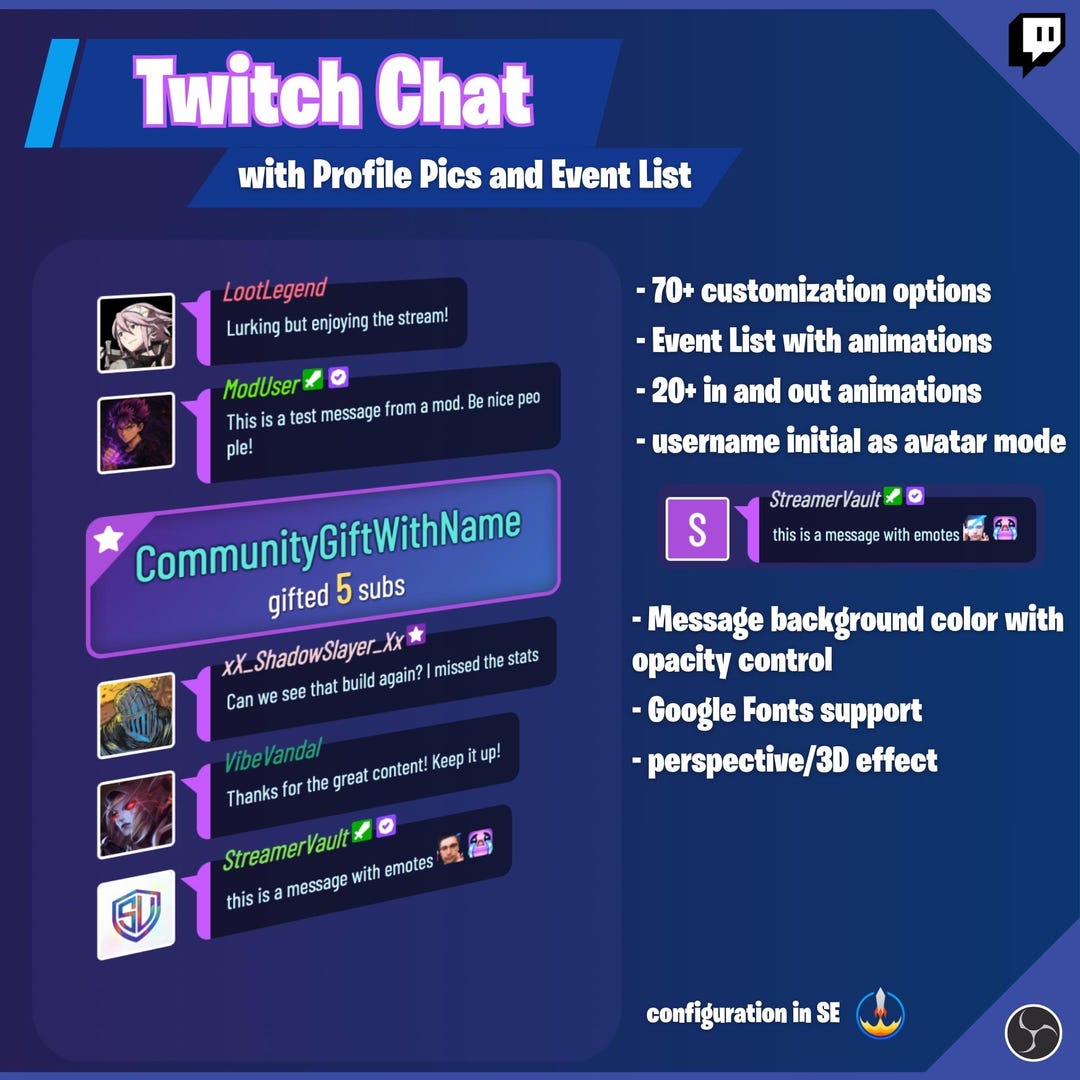 Twitch Chat Widget With Avatars and Event List | Streamelements | All ...