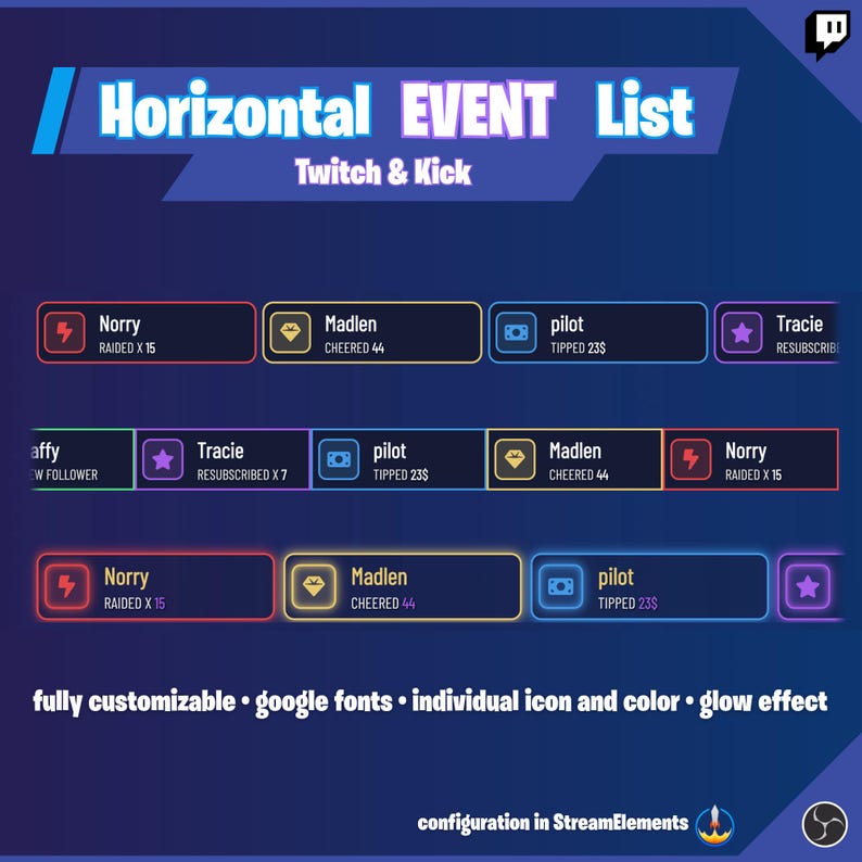 Horizontal Event List Ticker for Twitch & Kick | Animated Event Overlay ...
