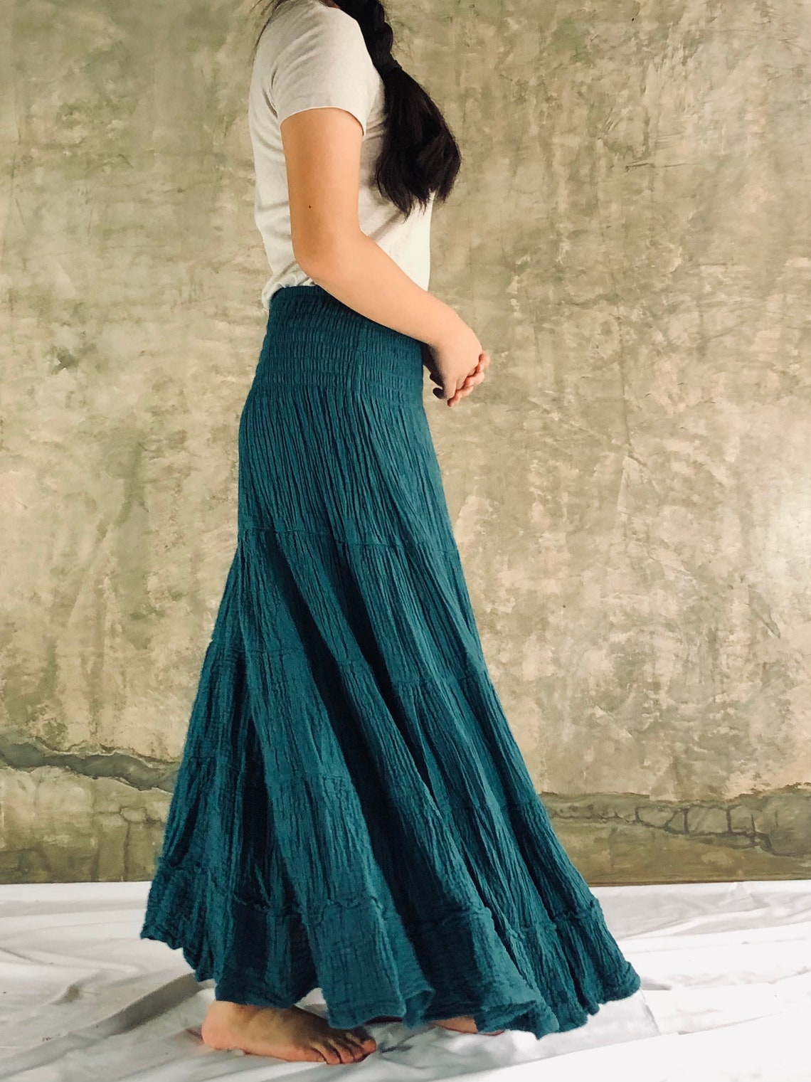 Long Bohemian Skirt In Pine Green Layered Boho Skirt Maxi Etsy