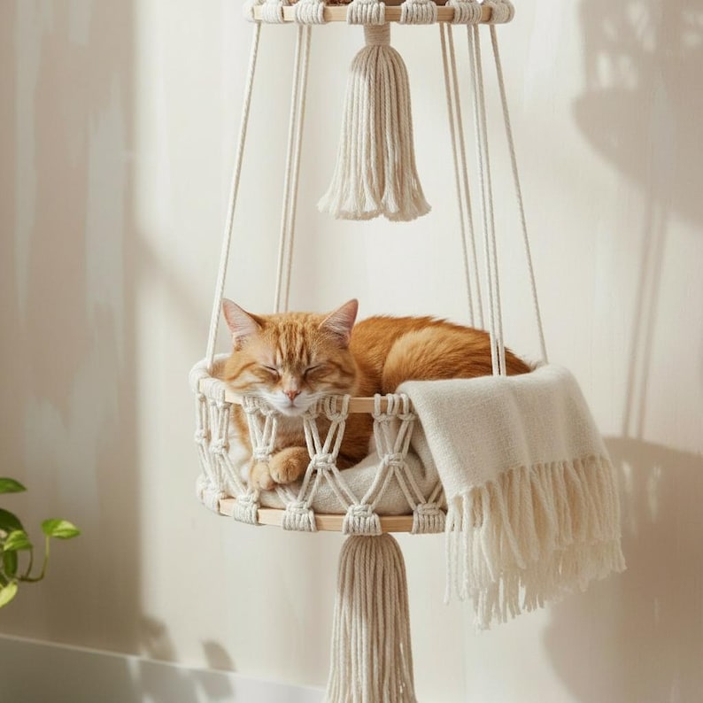 Handmade Macrame Cat Hammock, Boho Hanging Pet Bed, Cotton Rope Swing ...