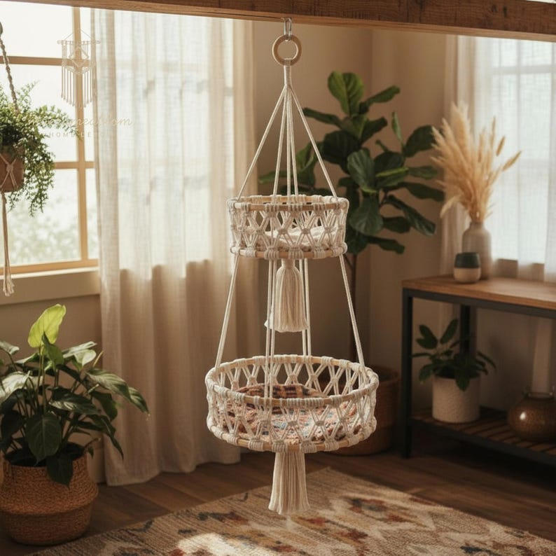 Handmade Macrame Cat Hammock, Boho Hanging Pet Bed, Cotton Rope Swing ...