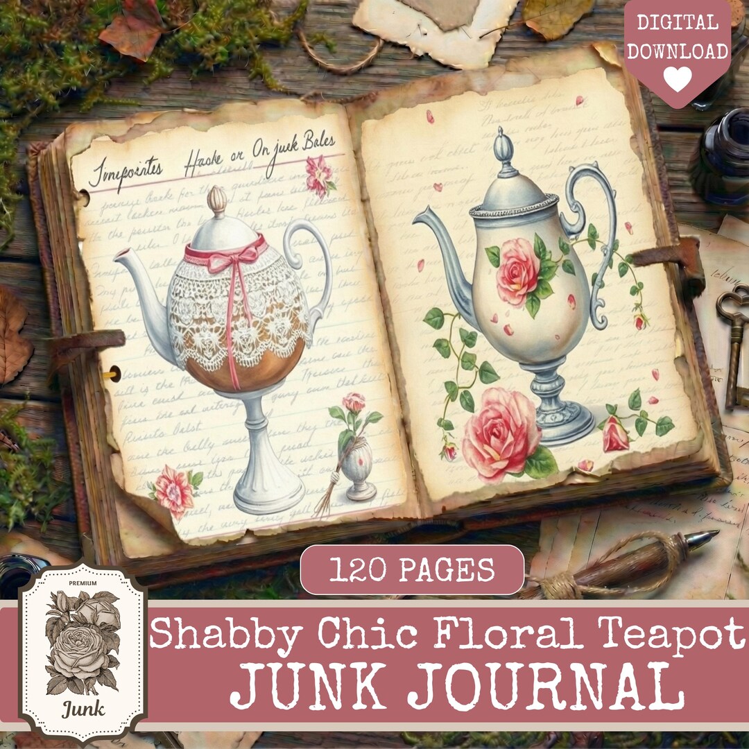 Shabby Chic Floral Teapot Junk Journal Kit, Shabby Chic Junk Journaling ...