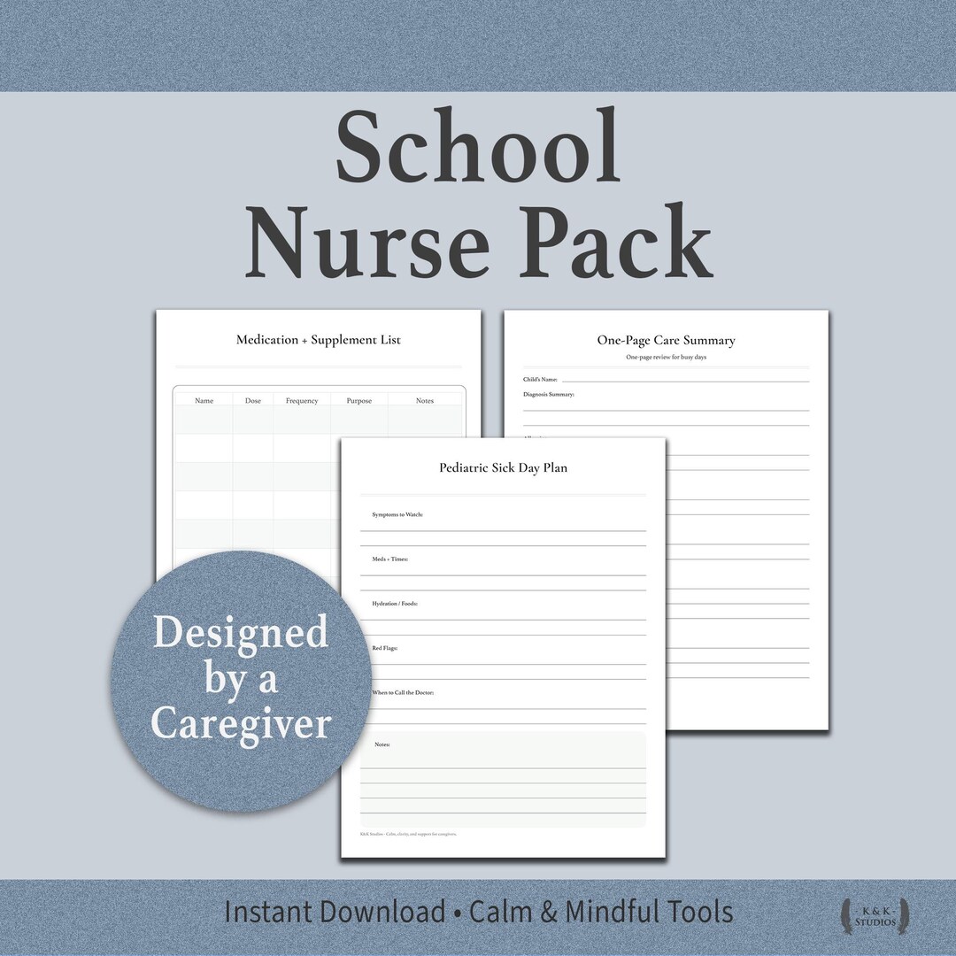 School Nurse Pack | 3 Printable Medical Forms | Care Summary, Med List ...