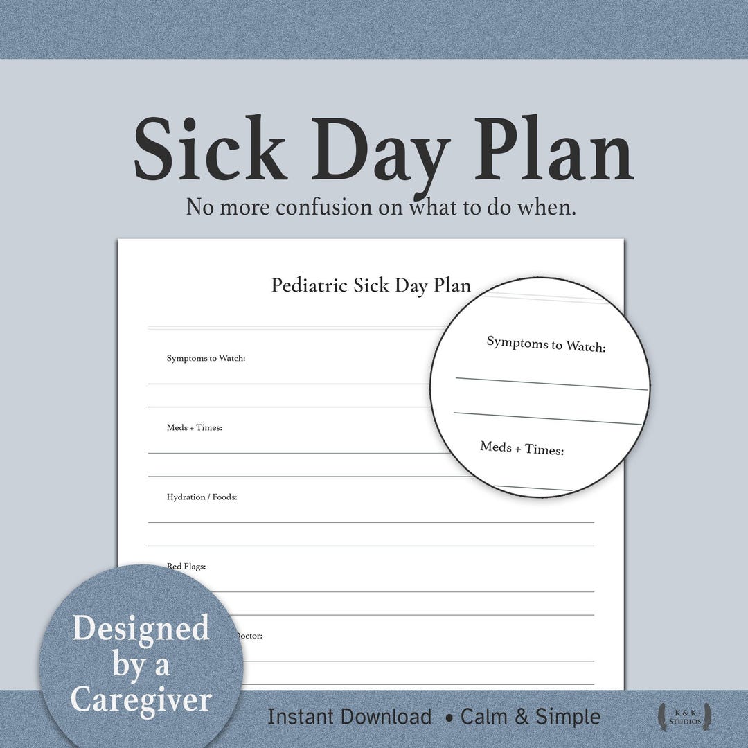 Sick Day Plan Printable | Care Plan Template | Symptoms, Meds, Red ...