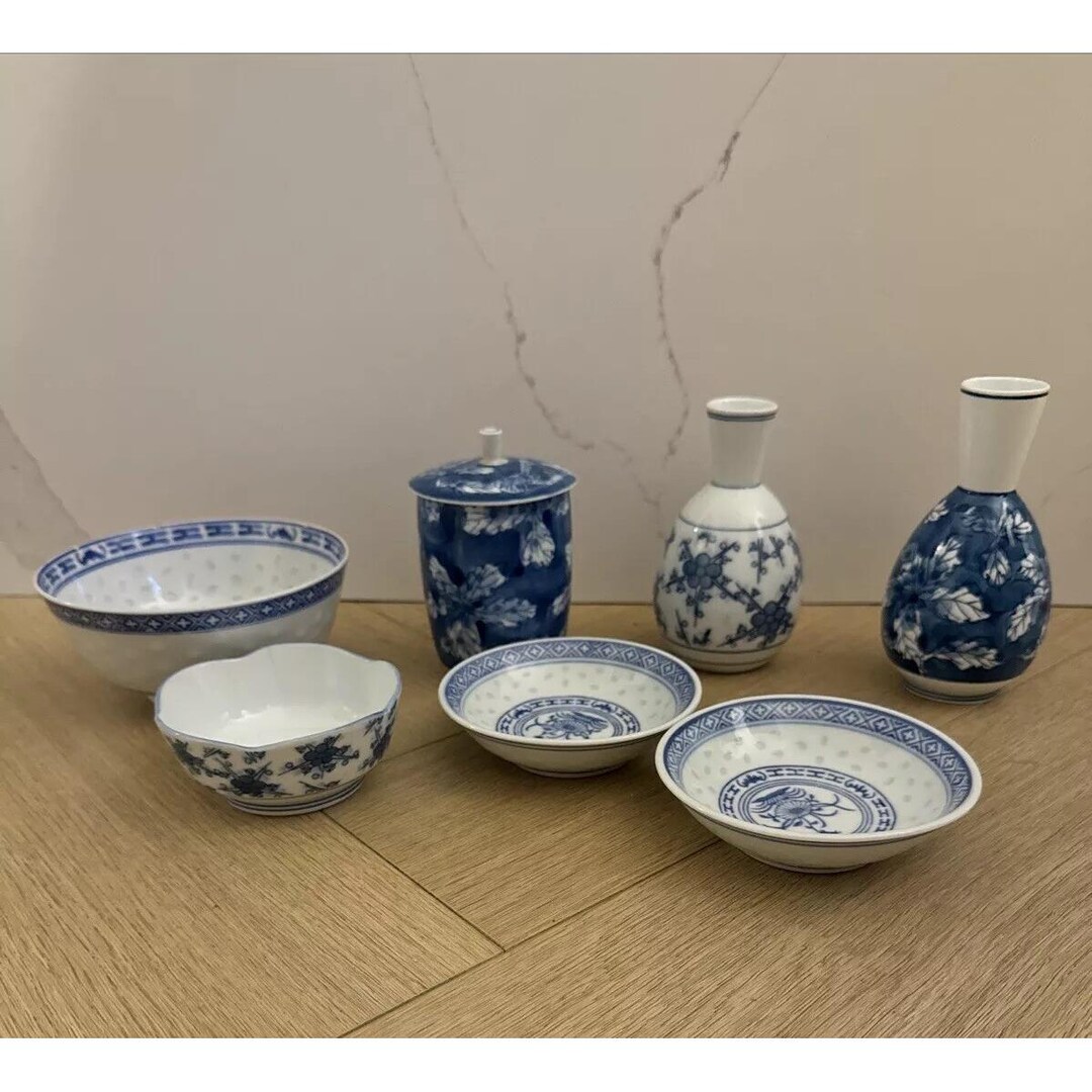 Japanese Sake Bottles, Sauce, and Rice Bowls - Tokkuri Vtg White Blue ...