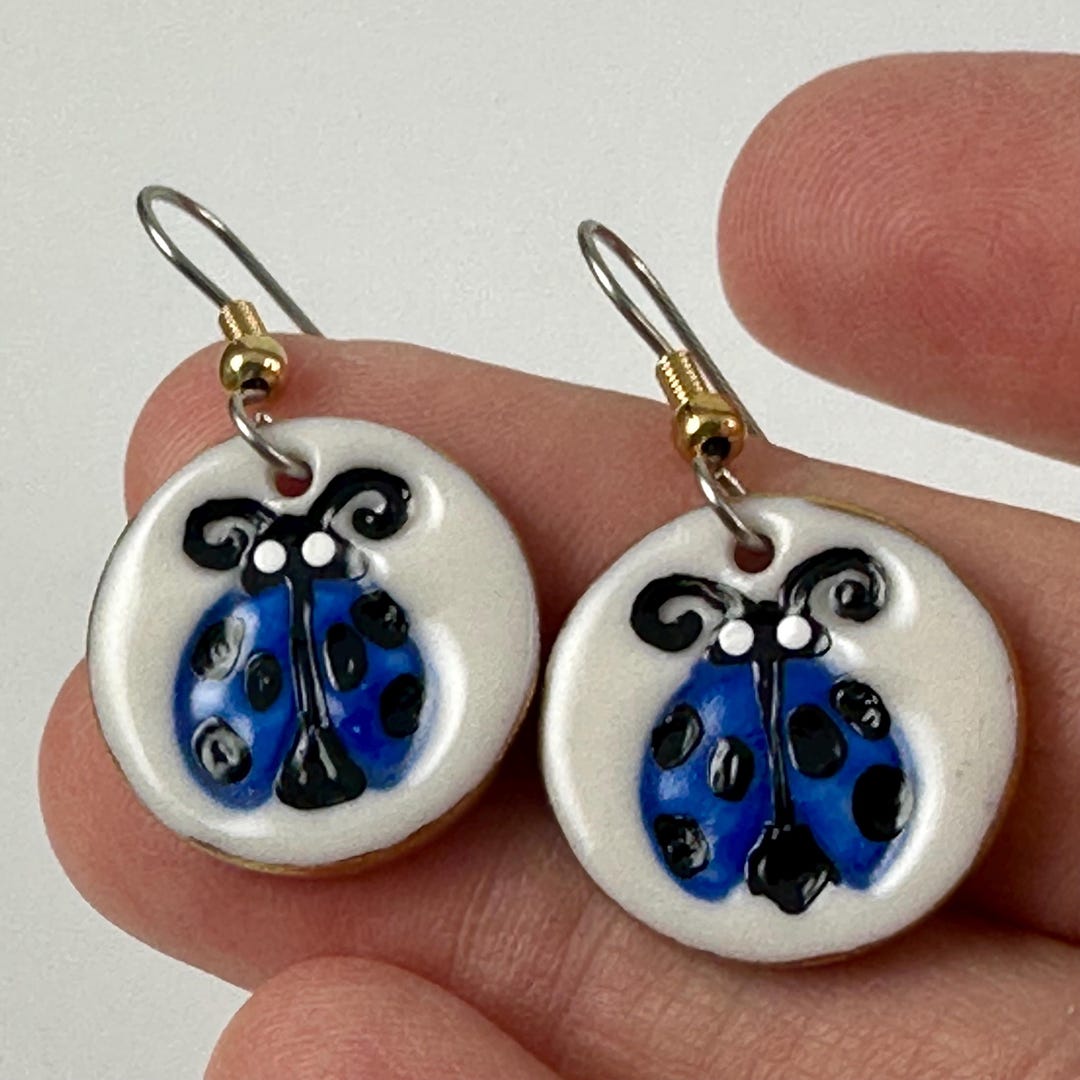 Handmade Porcelain BLUE Ladybug Dangle Earrings With 22K Gold Trim ...