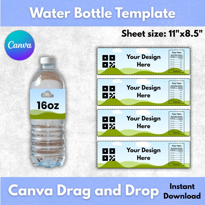 8oz 12oz 16oz Water Bottle Label Template Bundle, Water Bottle Sticker ...