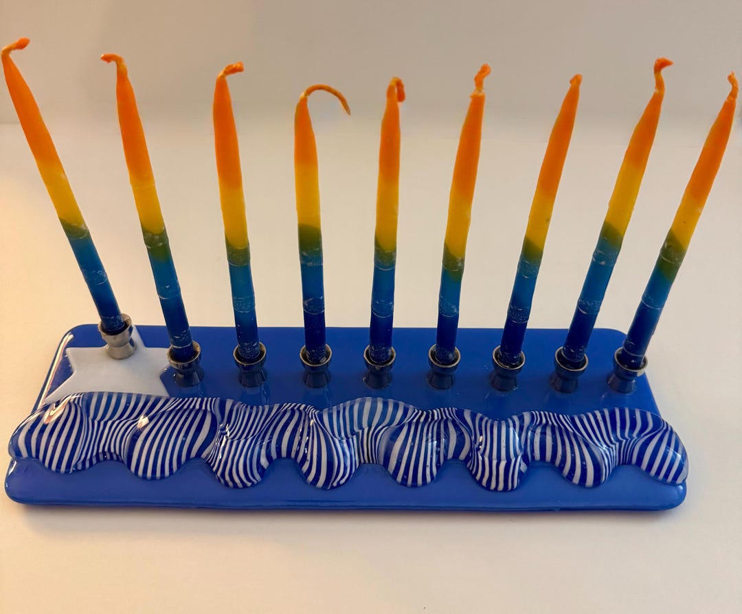 Handmade Fused Glass Menorah. Blue and White Symbol of Perseverance and ...