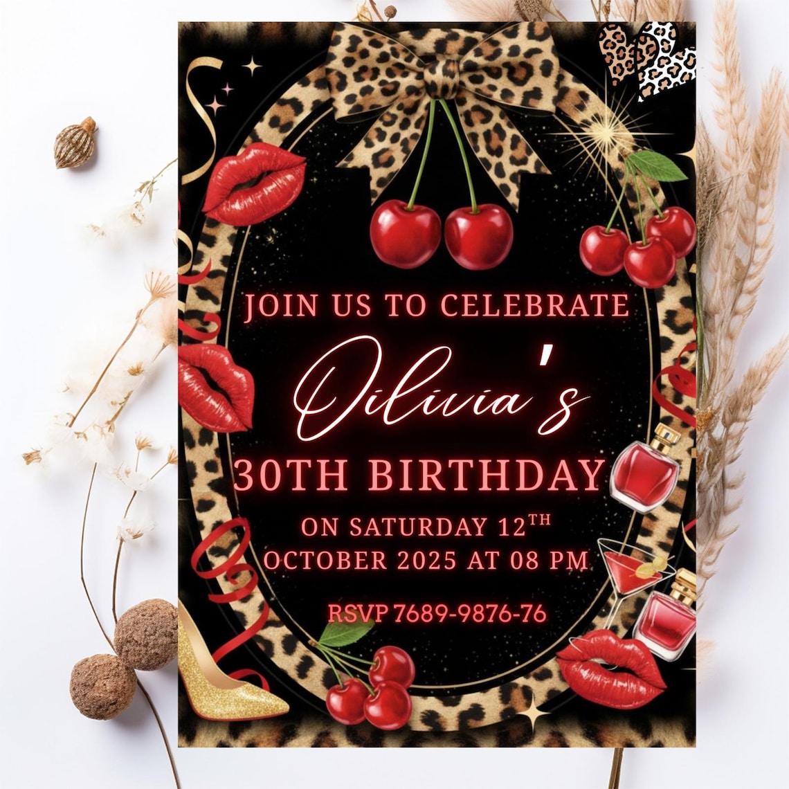 Cheetah Print Birthday Invitation, Black Bow Coquette Party Printable ...