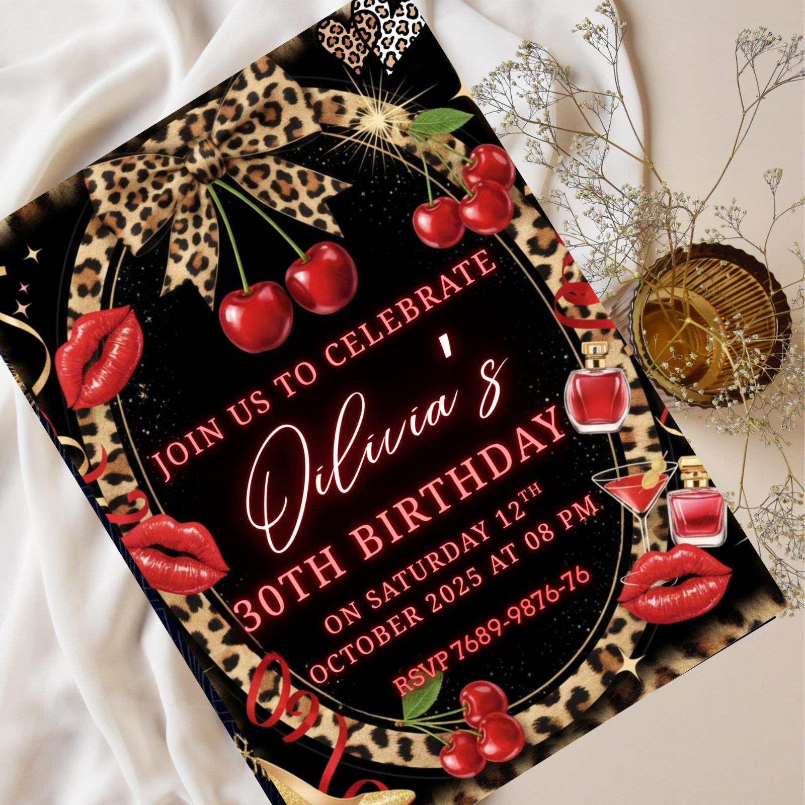 Cheetah Print Birthday Invitation, Black Bow Coquette Party Printable ...