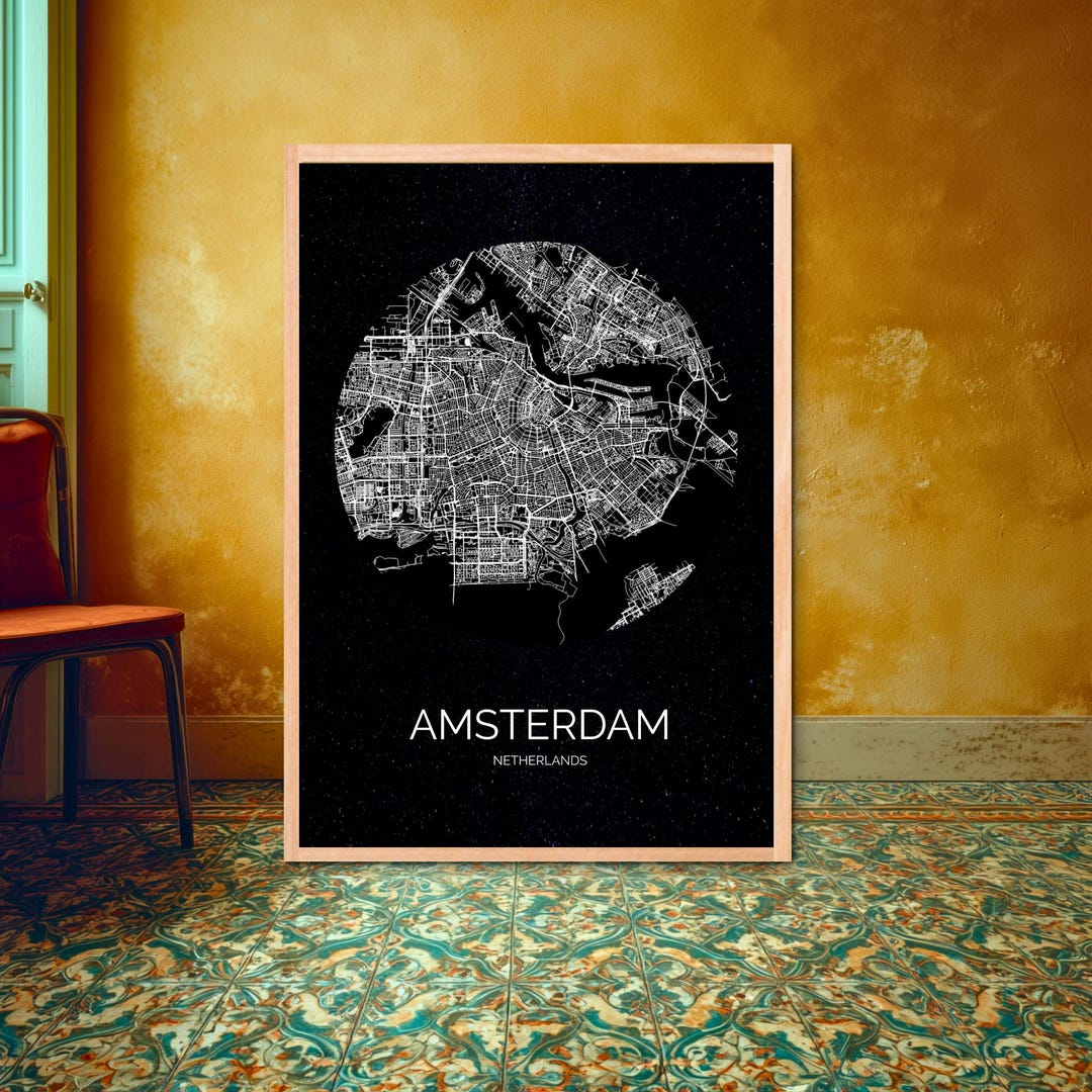 Amsterdam Map Poster: City as Circular Planet on Black Space Background ...