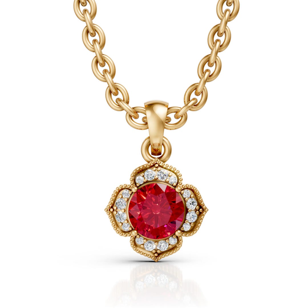 14K Gold Ruby Pendant Necklace • Vintage Floral Moissanite Halo - Etsy