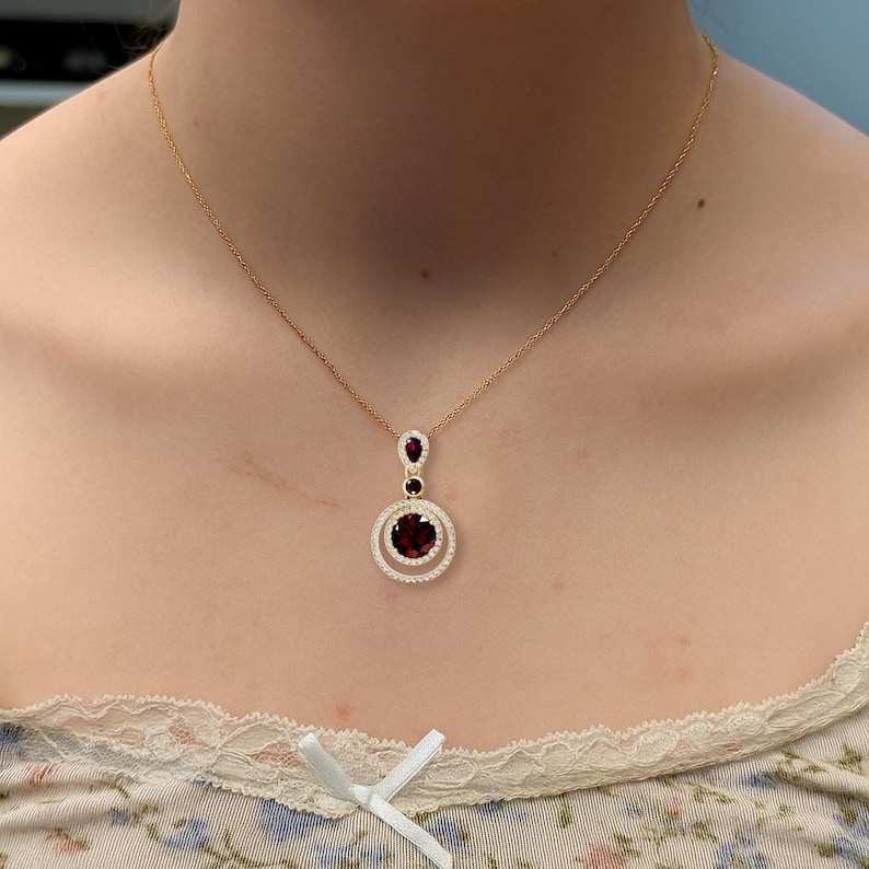 14K Gold Garnet Pendant Necklace – Halo Moissanite, January Birthstone ...