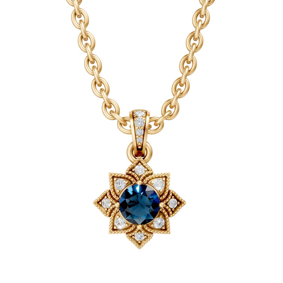 14K Solid Gold London Blue Topaz Flower Pendant Necklace, Vintage ...