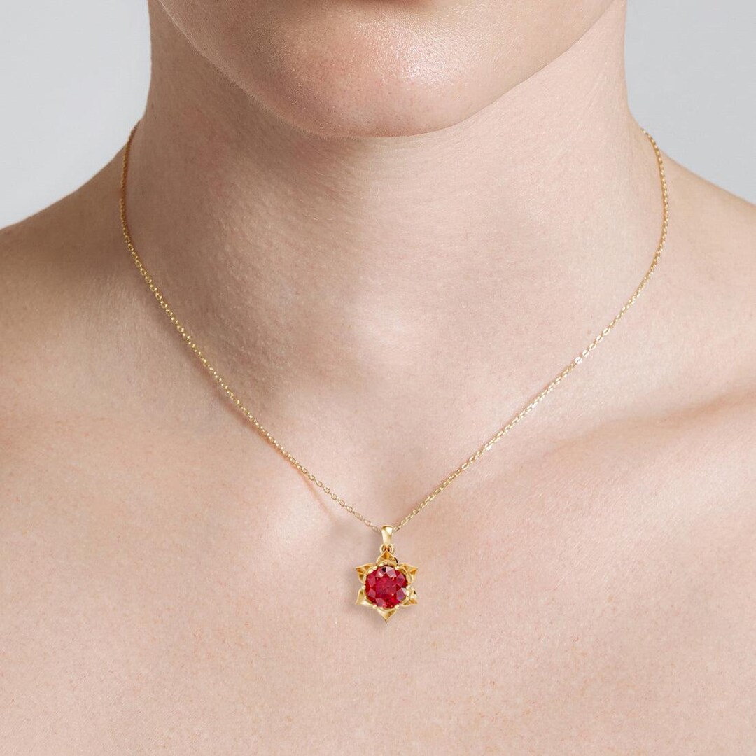 14K Gold Ruby Lotus Flower Pendant • July Birthstone Necklace • Red ...