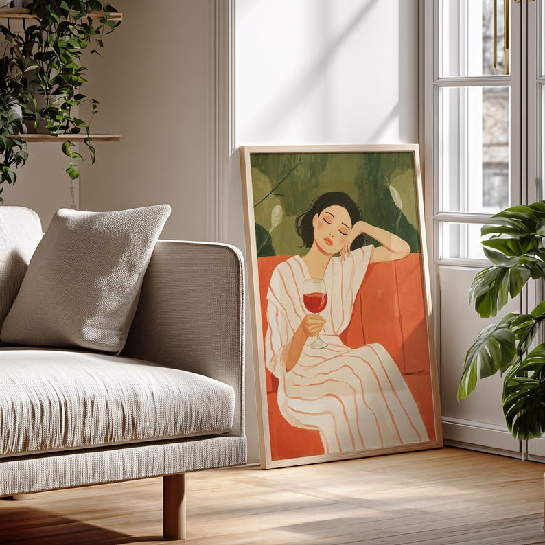Burnt Orange Woman Relaxing With Wine Print, Minimalist Female Portrait ...
